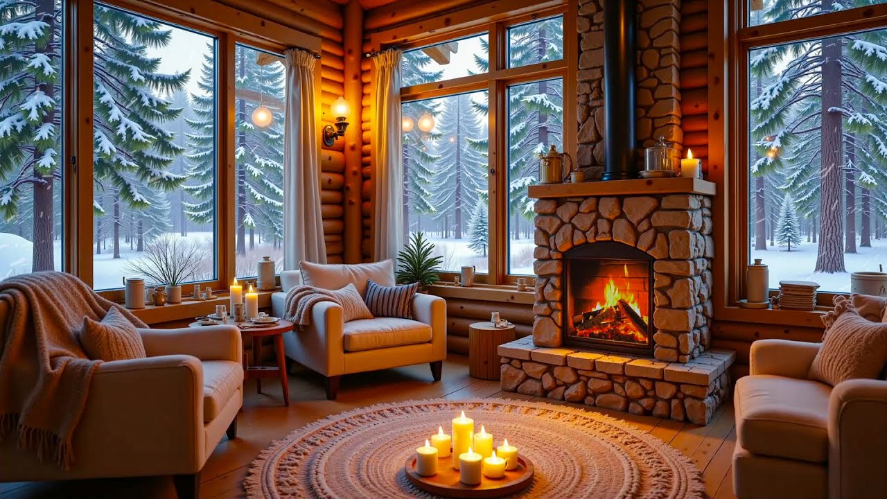 Cozy Cabin Room in The Cold Season Forest Soft Piano and Fireplace for ...