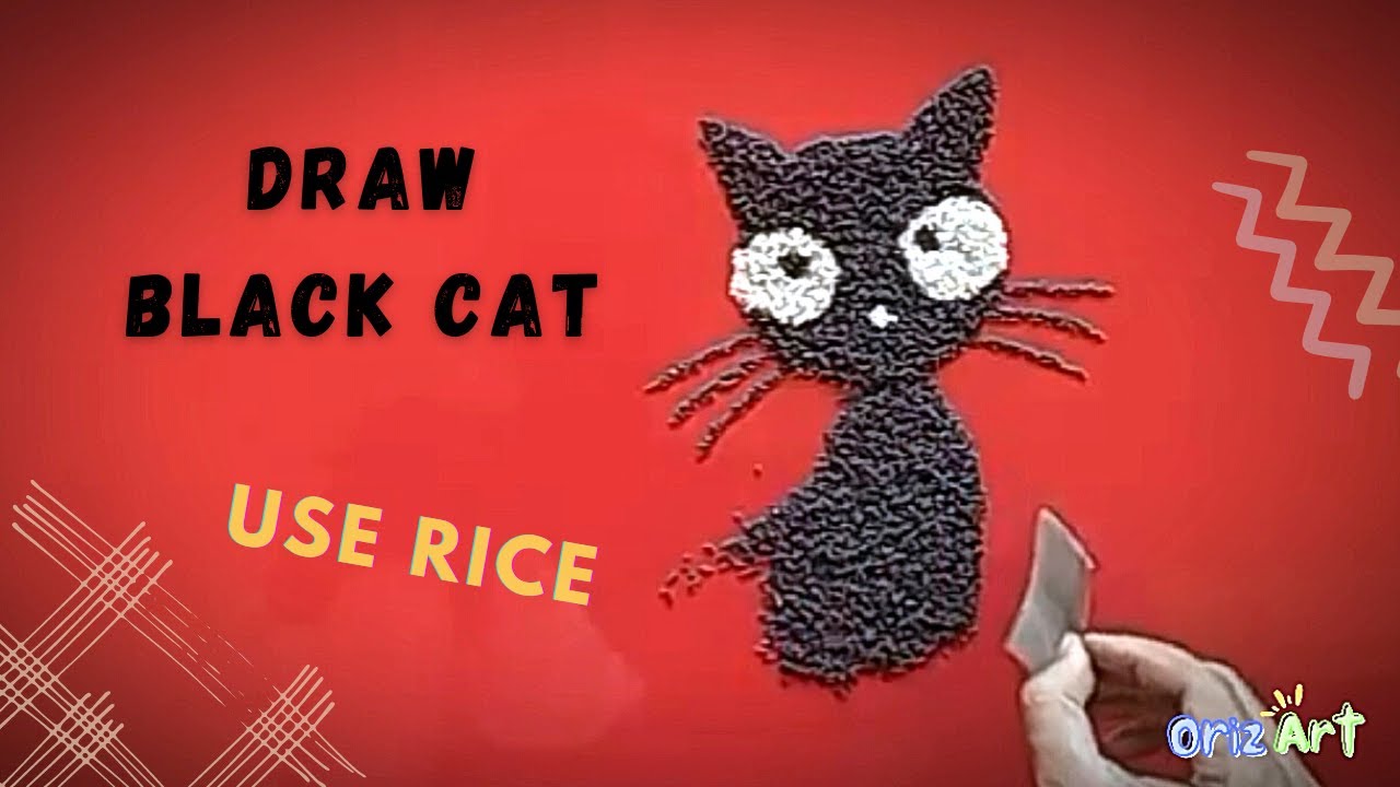 how to draw black cat using rice | art and craft animals | oriz art ...