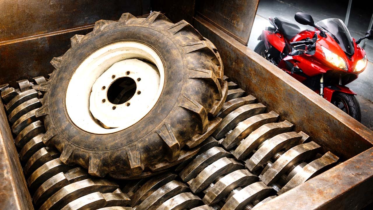 Giant Industrial Shredder Destroys Tractor Tire & Motorcycle | Extreme ...