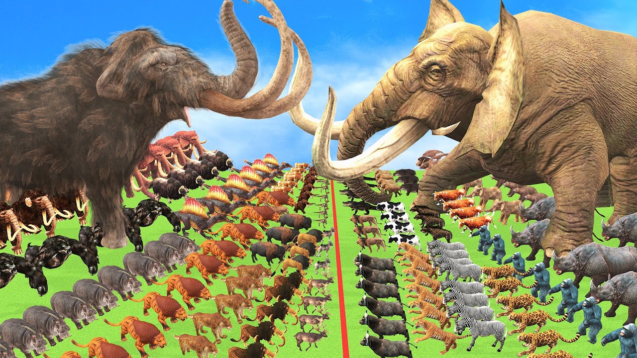 100 Mammoth Elephant vs 100 Mammoth Mastodon Animal Battle Prehistoric ...