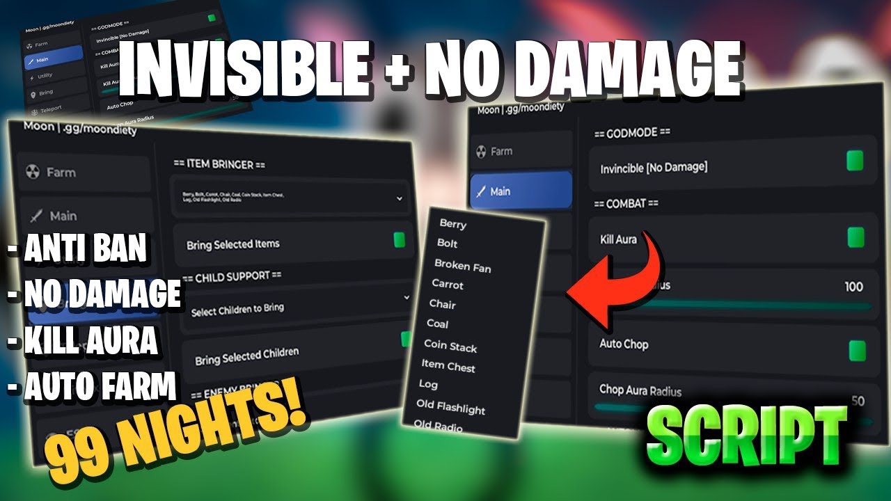 99 NIGHTS IN THE FOREST SCRIPT🔥Invisible, No Damage, Bring Items, Kill ...