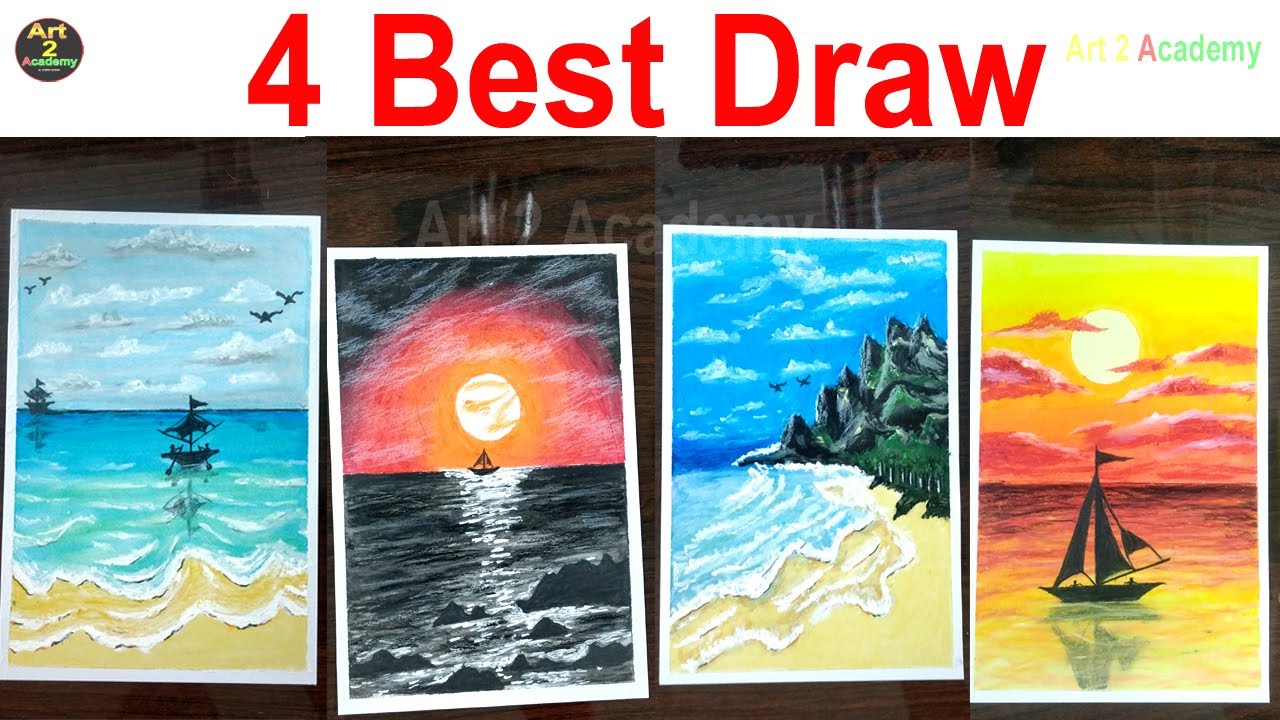4 Best Draw Realistic Sea Beach Scenery | Drawing | Art 2 Academy | # ...