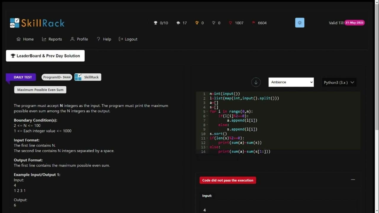 Skillrack Daily Test 01092023 Maximum Possible Even Sum Program Id 9444 Python Dt 4347