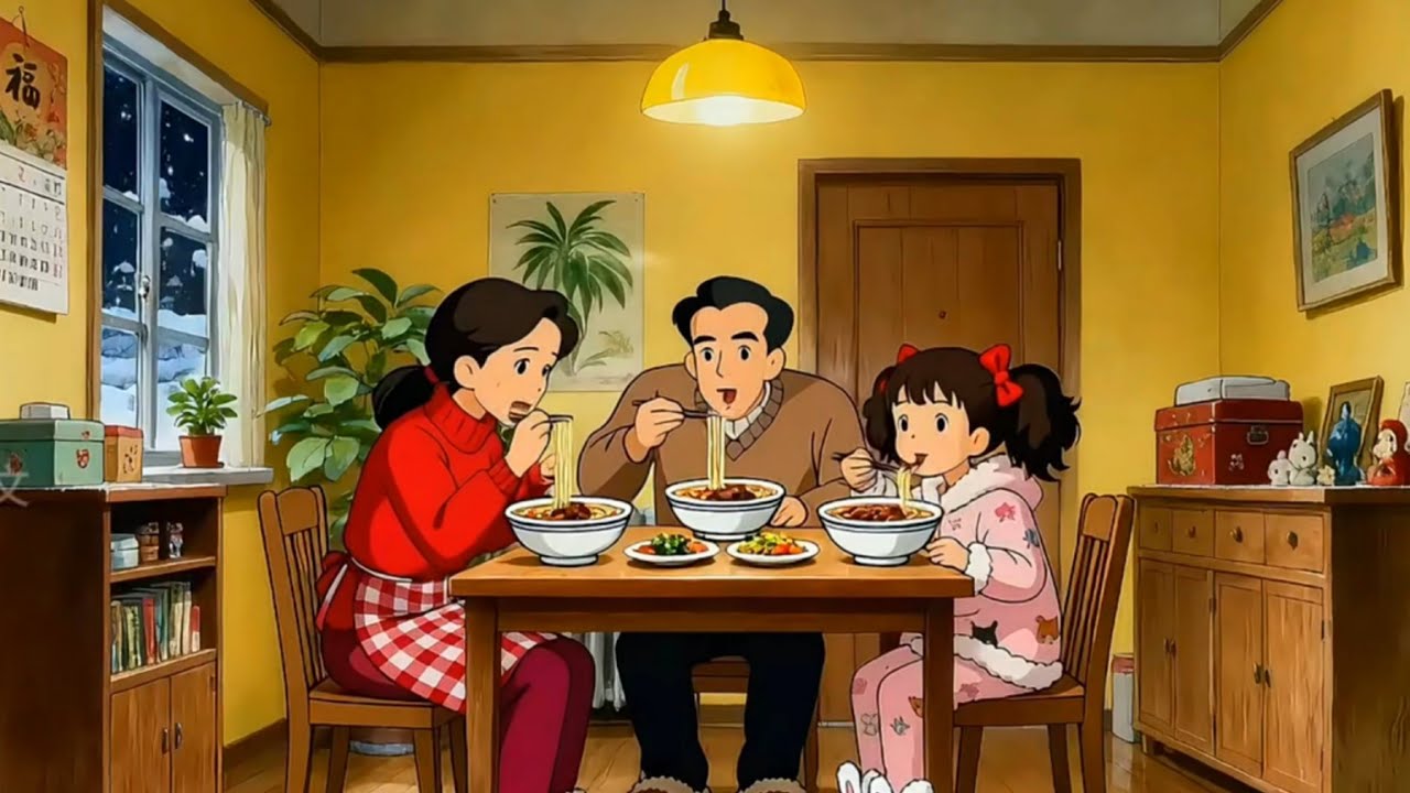 Mother Cooking Warm Noodles with Fresh Vegetables on a Snowy Winter Day ...