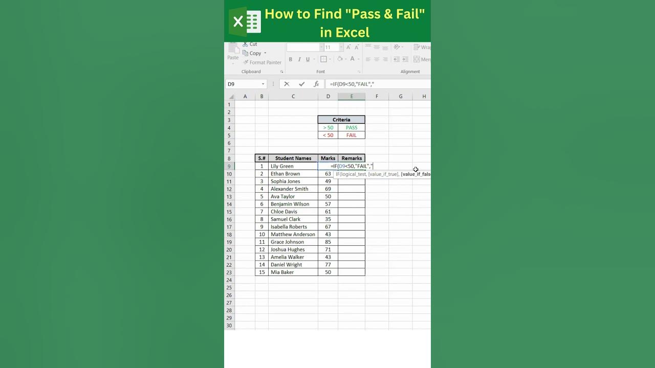 How To Find Pass And Fail In Excel By Using If Function Shorts Excel Youtube