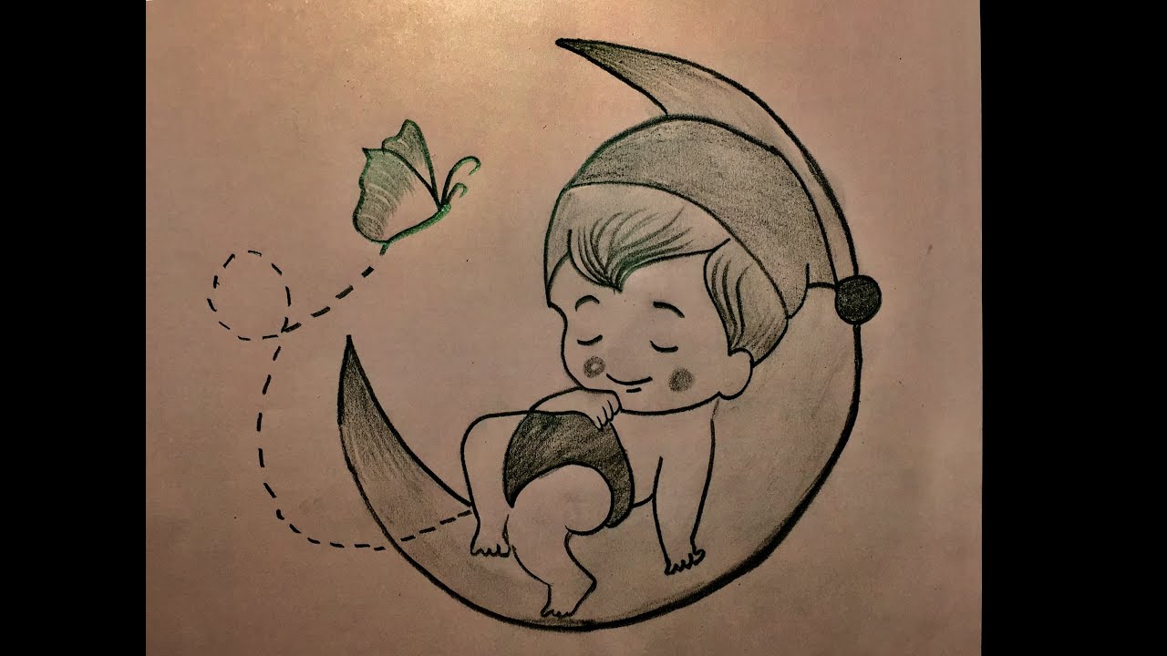 Cute Baby with butterfly sleeping scenery, pencil shading, pencil art ...