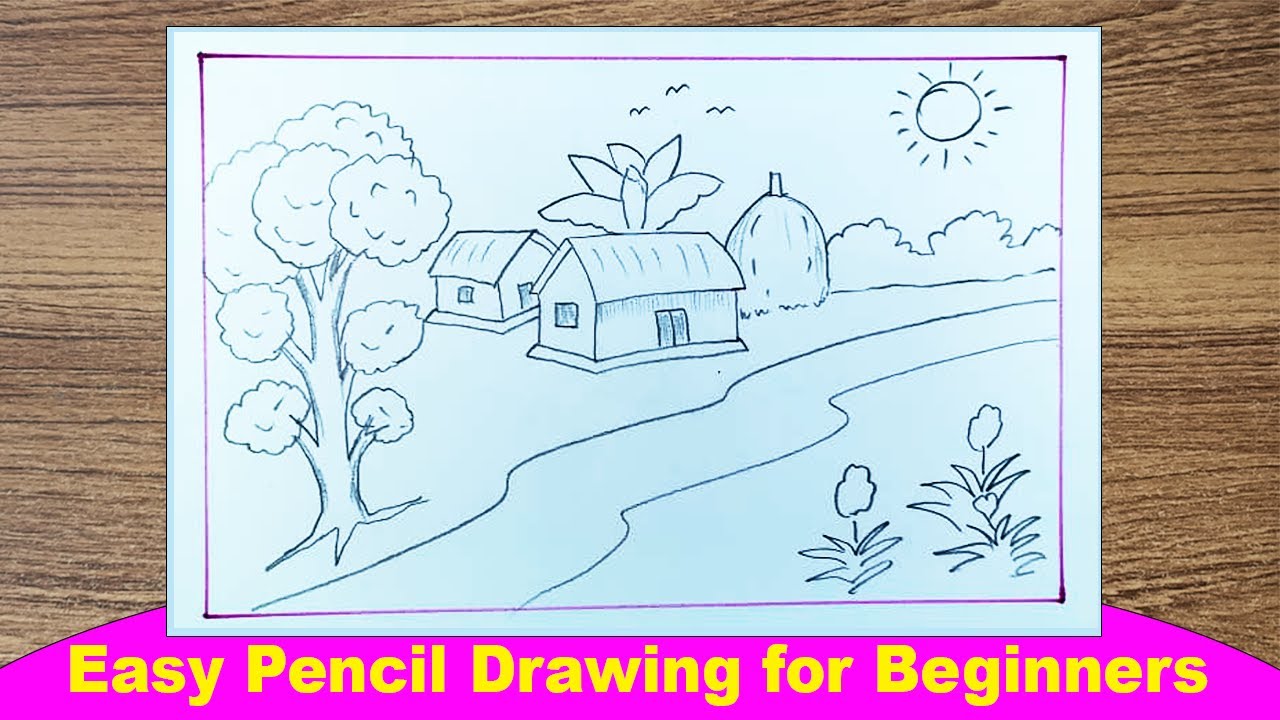 How to Draw Village Scenery with River, House and Trees | Easy Pencil ...