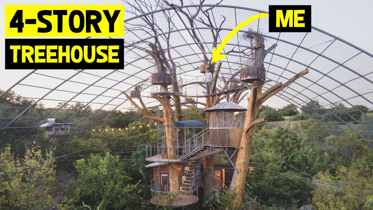 EPIC 4-STORY TREEHOUSE w/ 2 Cable Bridges, Zip Line, & Outdoor Shower ...
