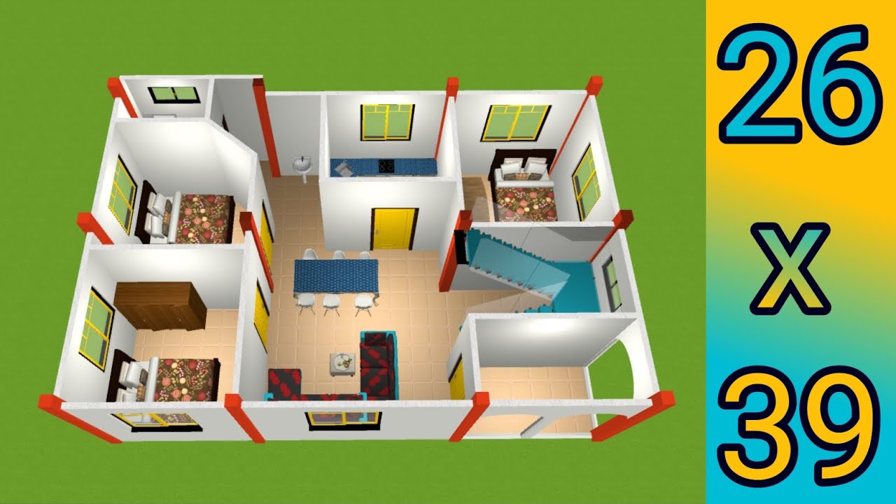 26x39 GHAR KA NAKSHA 1014 SQFT || 26 x 39 HOUSE PLAN 3BHK || 26x39 HOME ...