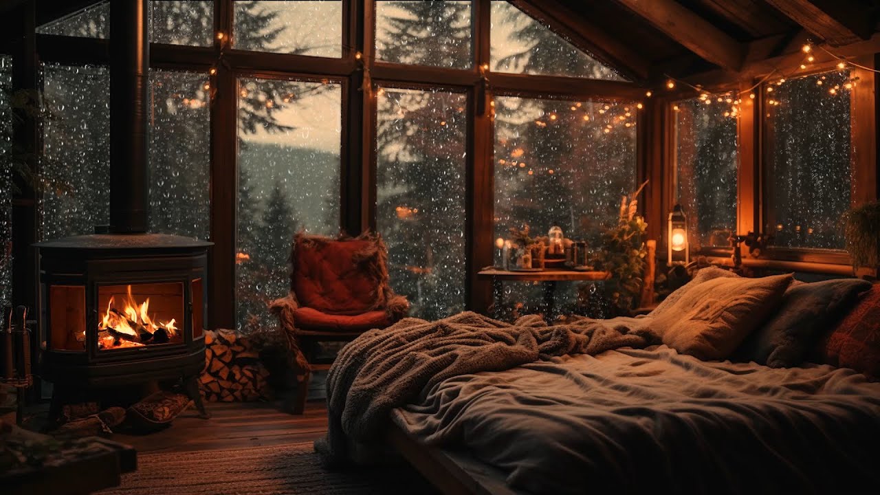 Cozy Library Room | Gentle Rain & Thunder Sounds, Crackling Fireplace ...