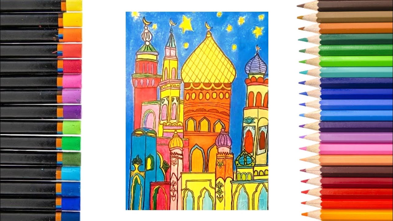 How To Draw A Mosque || Colourful Mosque Drawing - YouTube