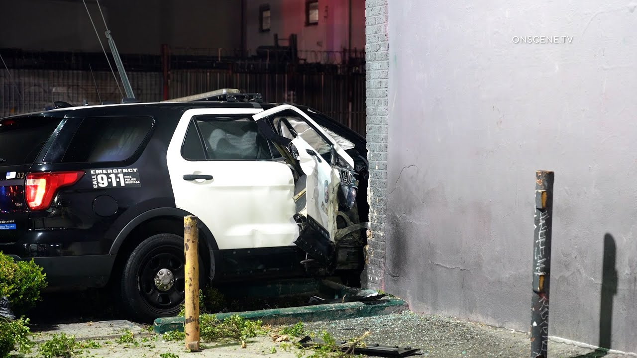 LAPD Patrol Car Totaled After Pursuit Crash - YouTube