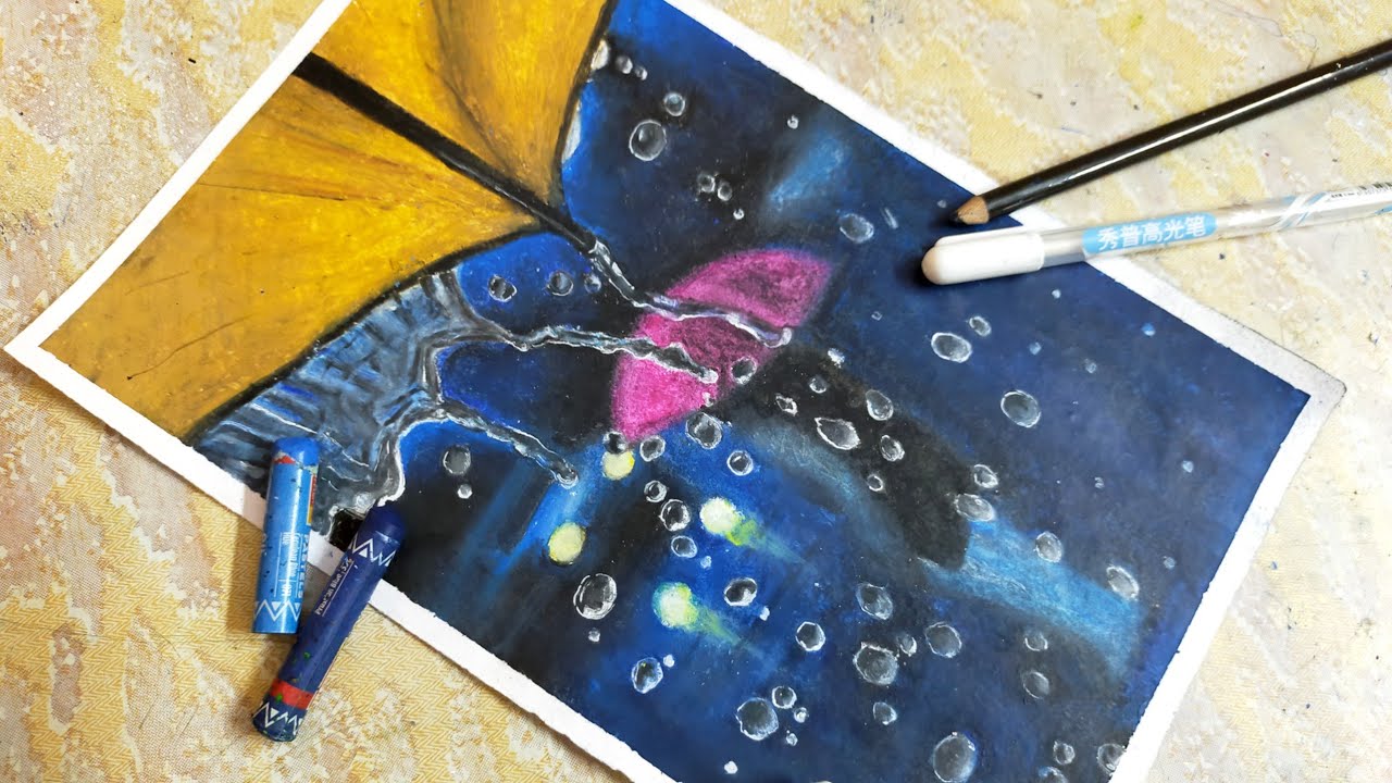 Rainy day drawing with oil pastel, rain drops drawing falling from ...