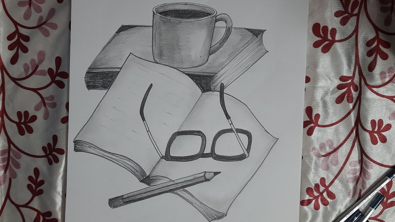 #Still life drawing || still life book and cup drawing|| book aur ...