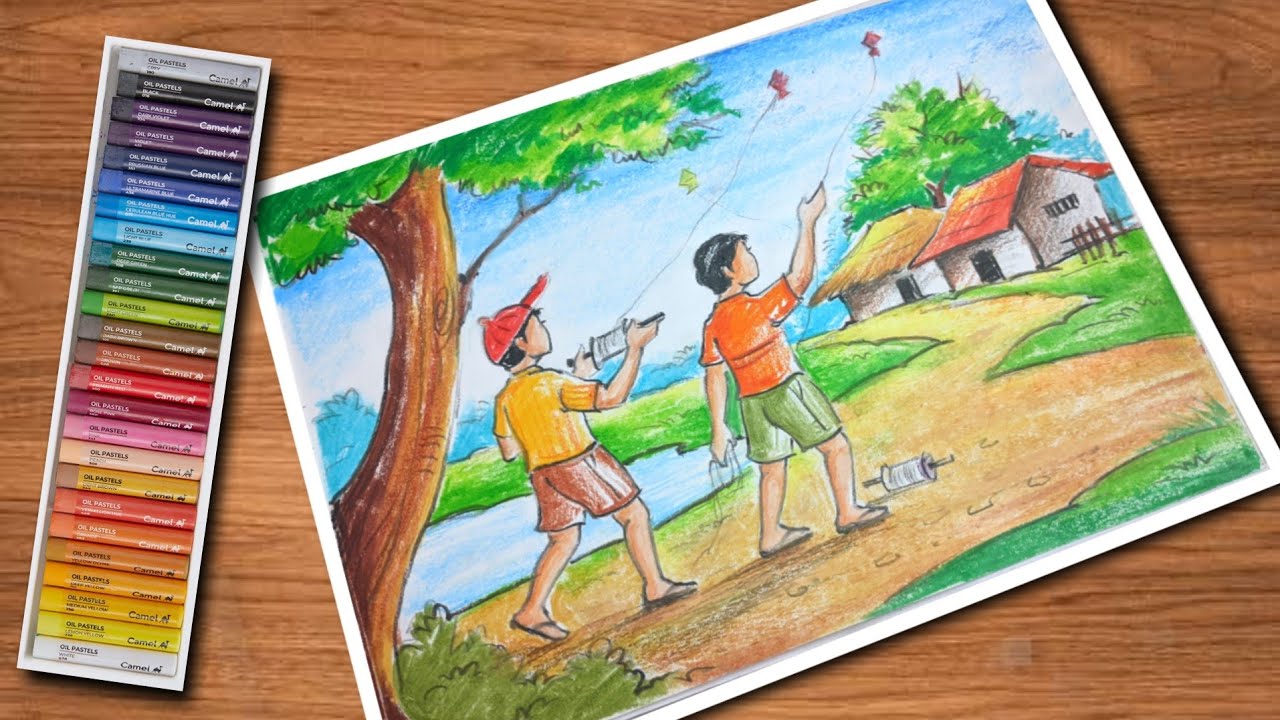 Kite Flying Scenery Drawing | Very Easy Oil Pastel Scenery | Childhood ...