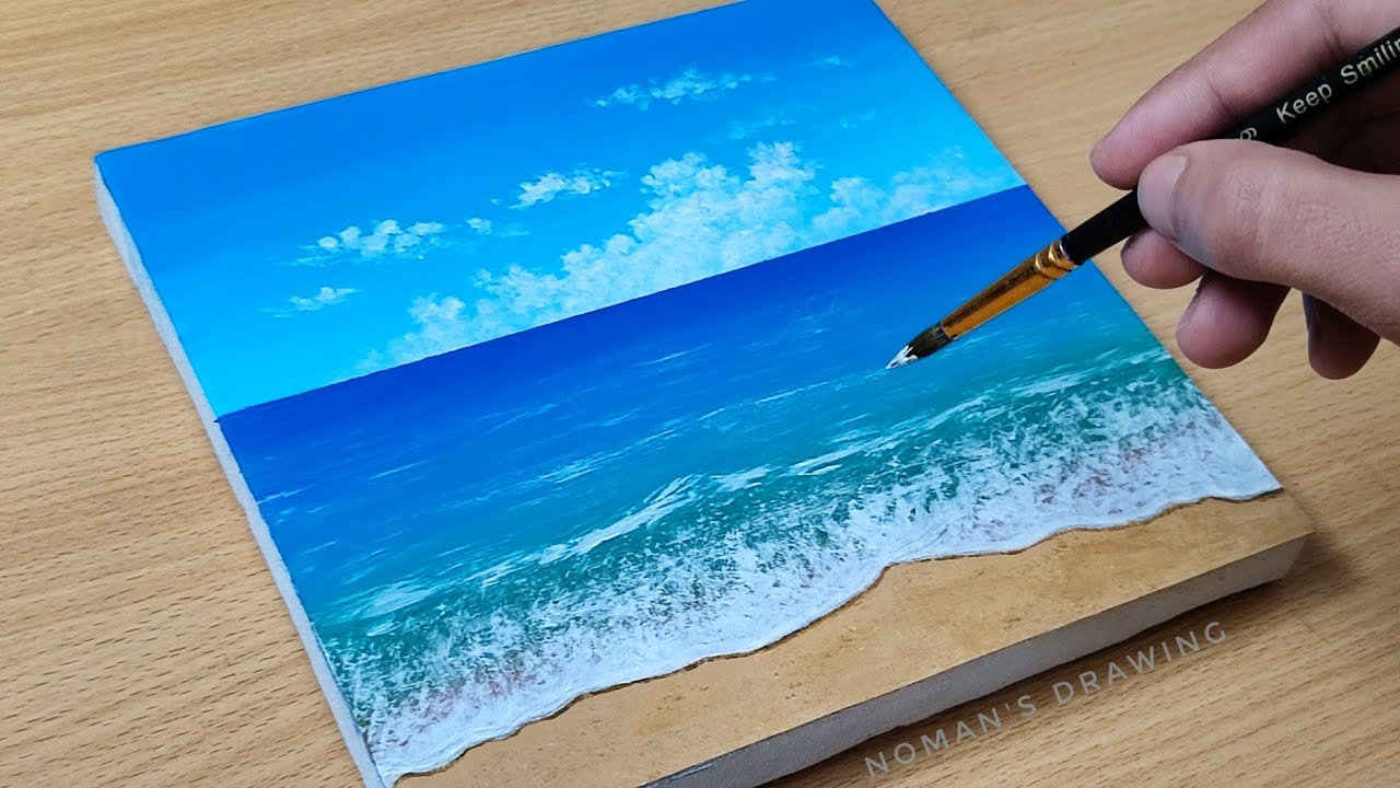 Easy Seascape Acrylic Painting for Beginners || Ocean Beach Painting ...