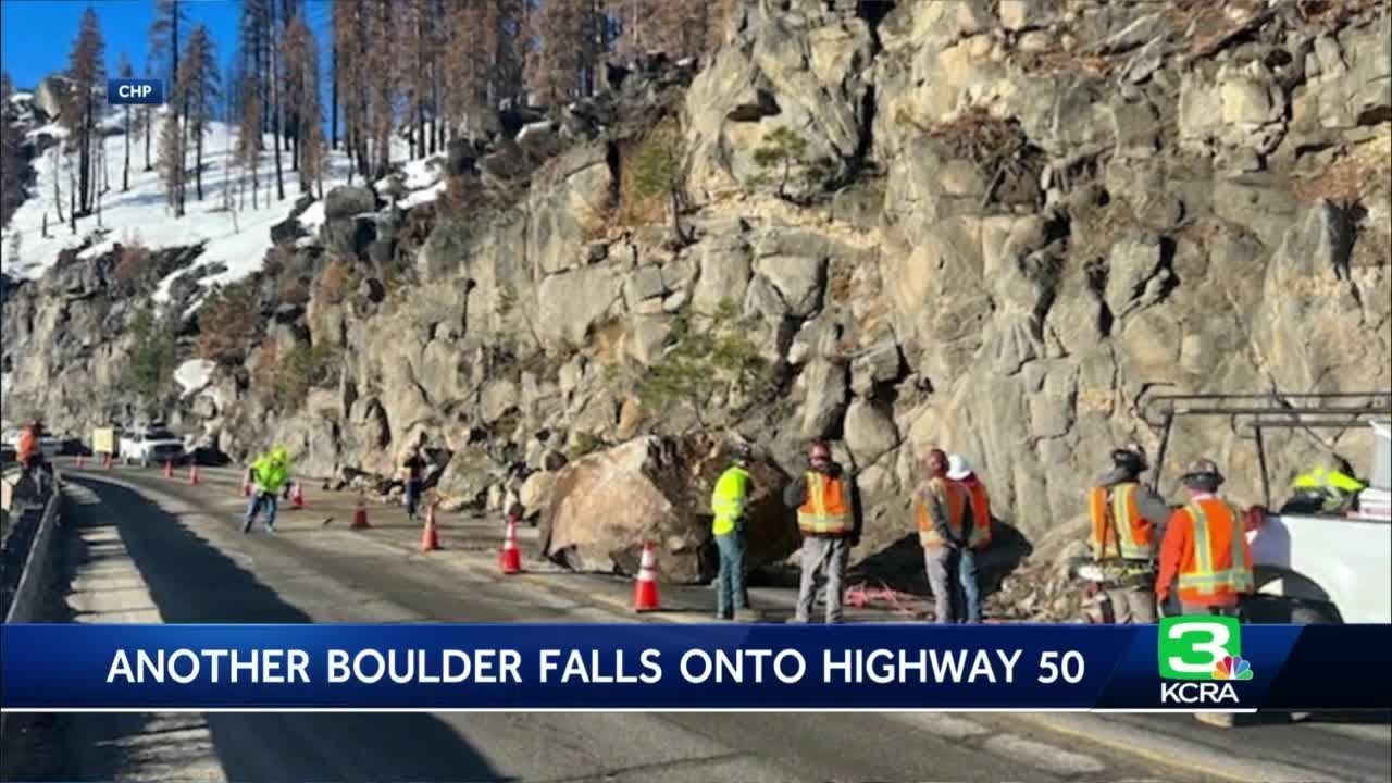 Boulder falls, impacts traffic on Highway 50 near Echo Summit - YouTube