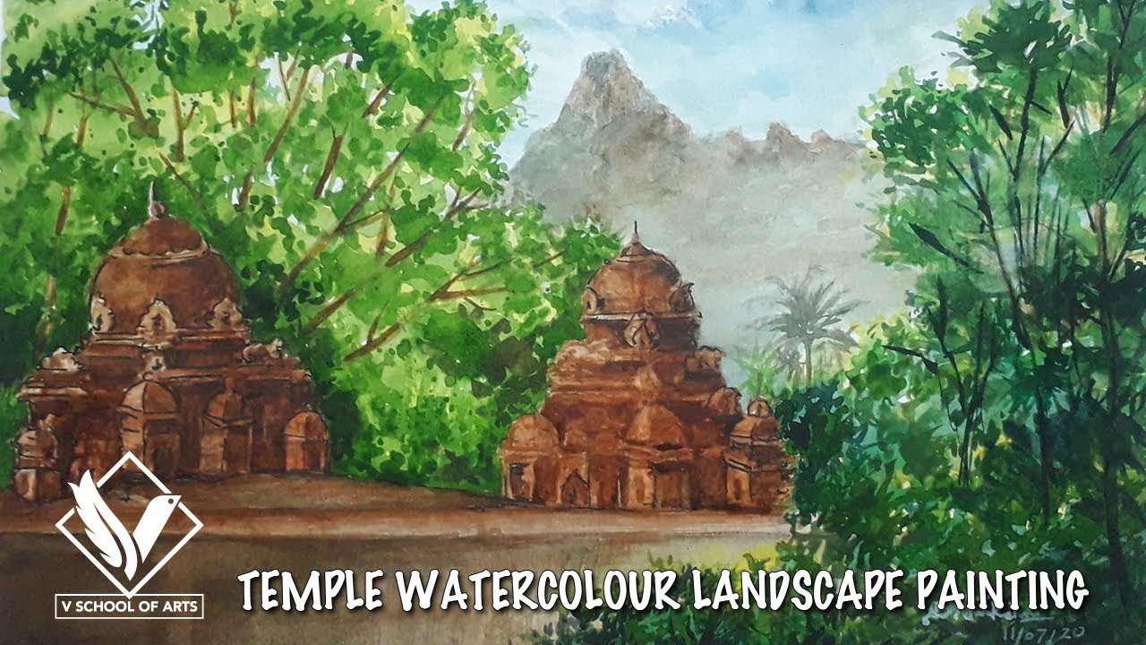 Temple watercolour Landscape Painting | V school of arts - YouTube