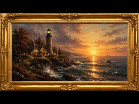 Golden Sunrise Over the Sea Lighthouse-Vintage Art| Deniz Fenerinde Gün Doğumu| Huzur Veren TV TABLO