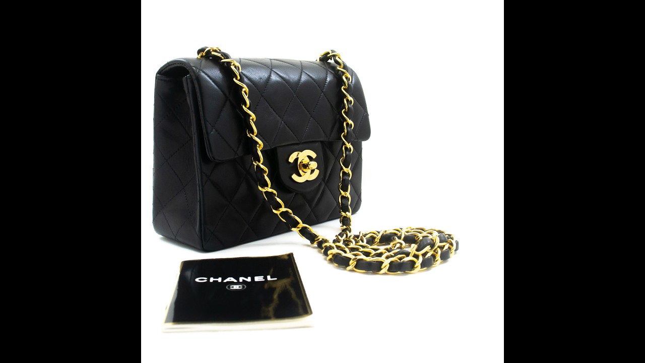 CHANEL Mini Square Small Chain Shoulder Bag Crossbody Black Lamb ac4 ...