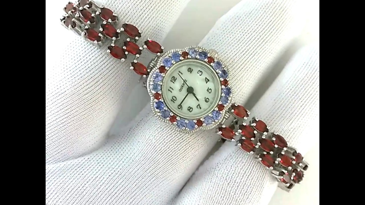 Deluxe Silver Womens Wrist Watch With Natural Red Garnet & Blue ...