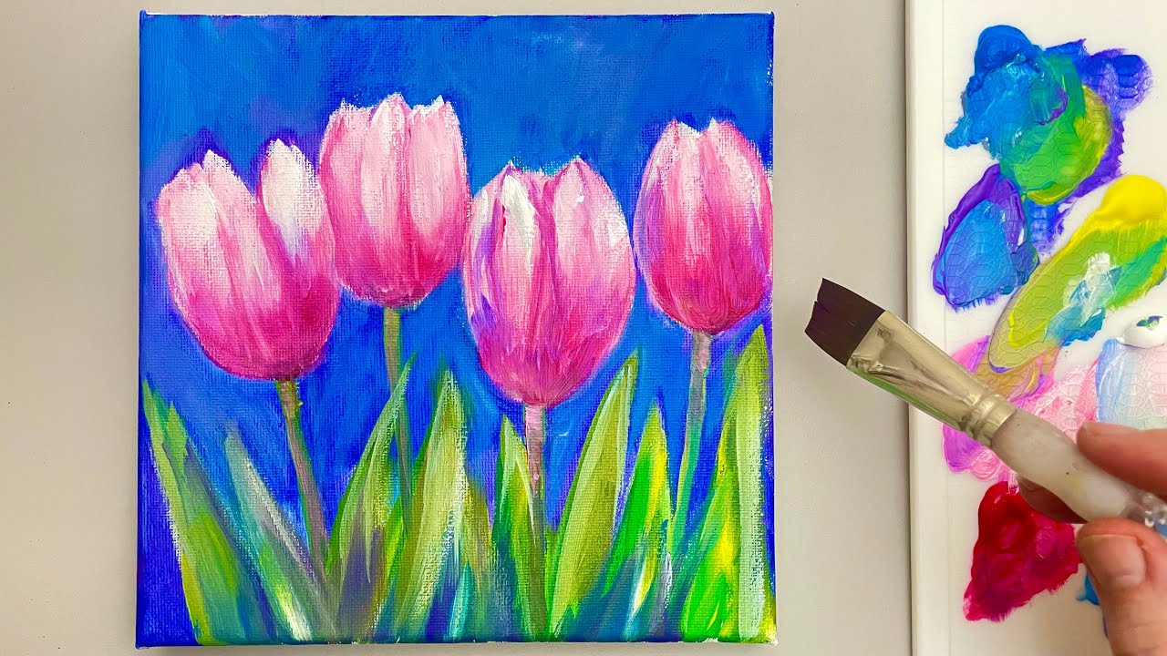 Pink Tulips Easy Painting For Beginners / Acrylic Painting Tutorial ...