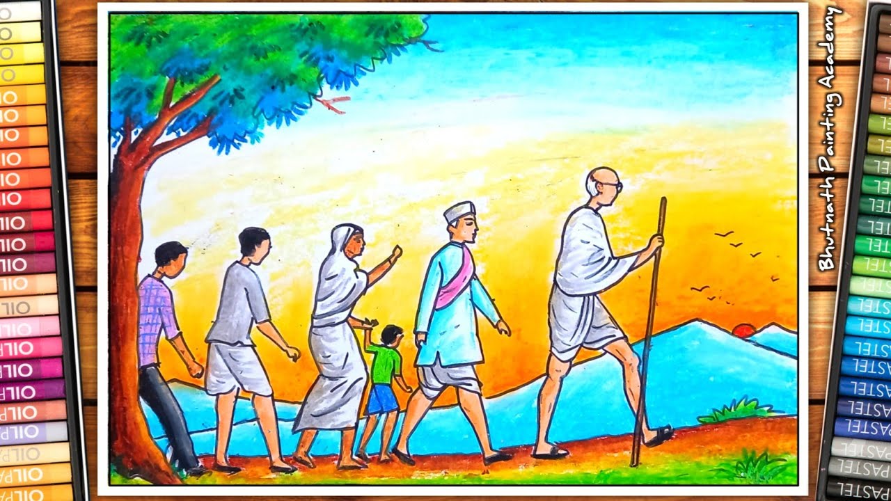 Gandhi ji Dandi March drawing with oil pastel colour - YouTube