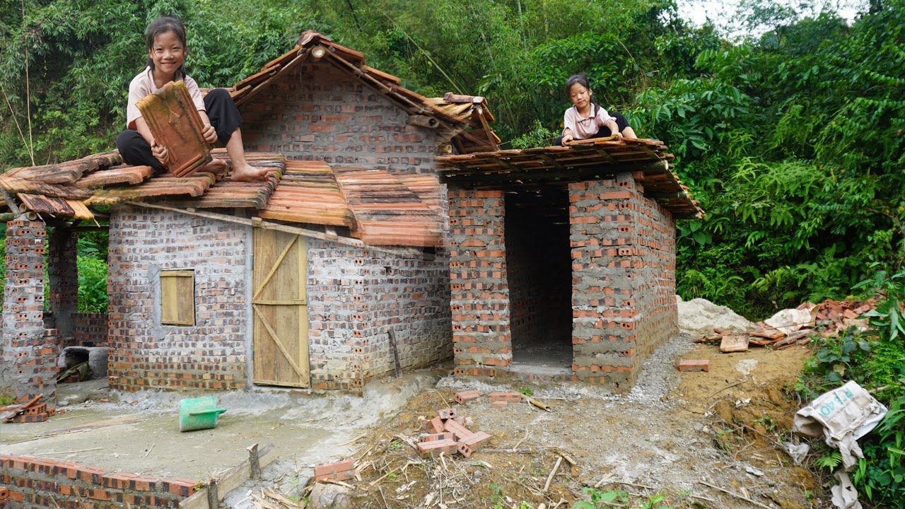 Full Video: Poor girl Building bathroom bricks, Red tile roof, Build ...