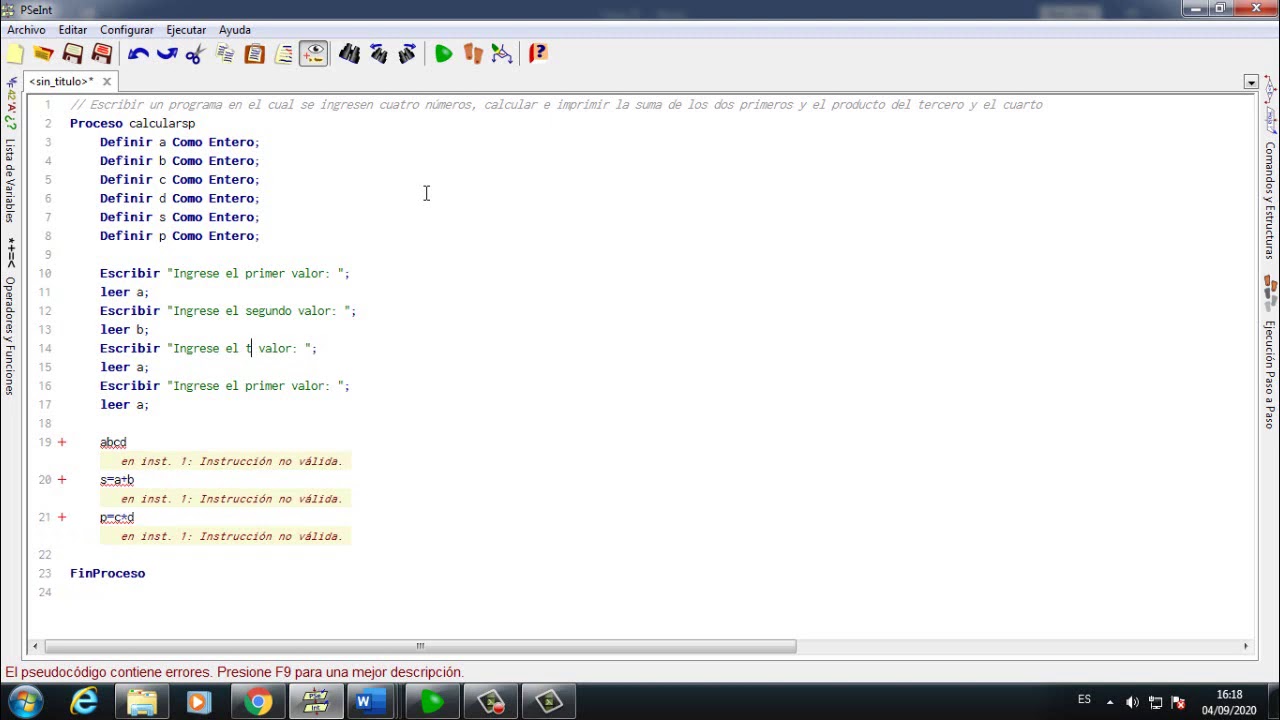Suma y Producto de cuatro numeros pseint - YouTube