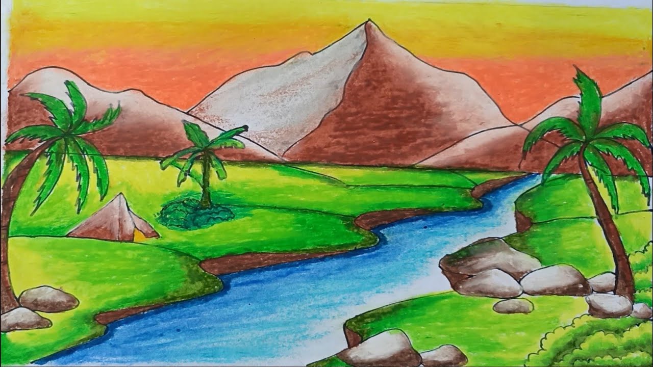 Beautiful hill scenery drawing with oil pastels || hill with River ...