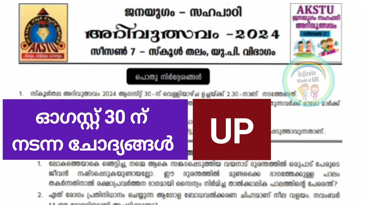 AKSTU Janayugam Sahapadi Arivulsavam Quiz 2024 UP level Question paper ...
