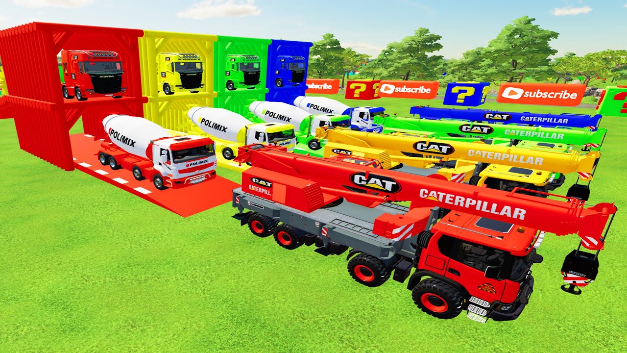 TRANSPORTING ALL COLORFUL CRANE TRUCK, POLIMIX MIXER TRUCK TO GARAGE ...