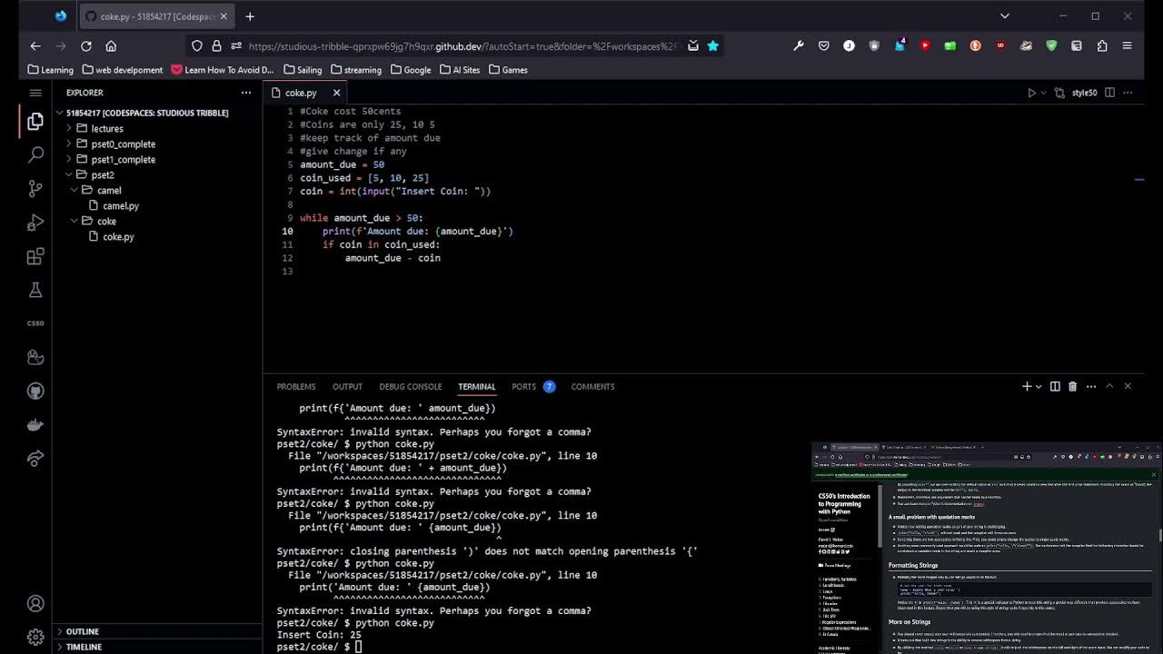 Cs50p Problem Set 2 Coke Machine Youtube