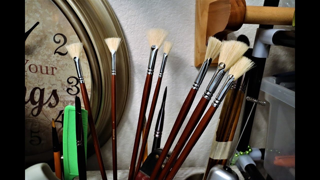 DUGATO Artist Fan Paint Brush Set of 7, White Hog Bristle Natural Hair ...