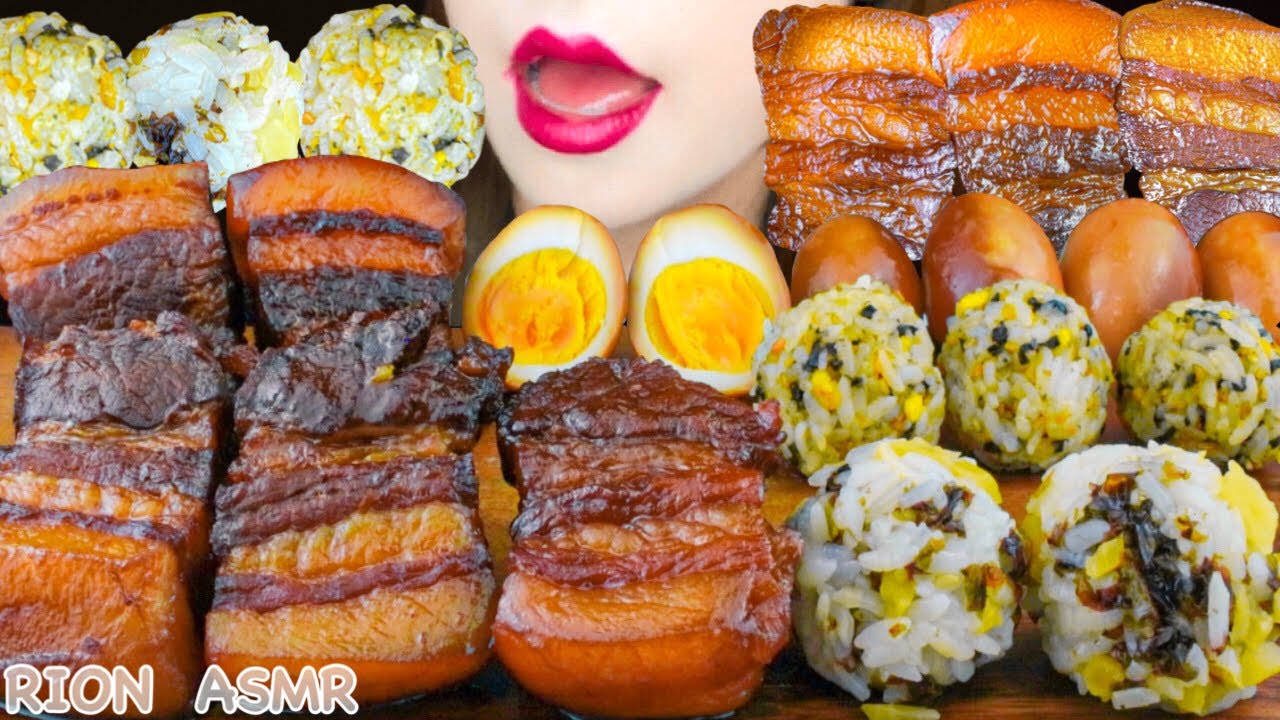【ASMR】BRAISED PORK,SESONED BOILER EGG,RICE BALL MUKBANG 먹방 食べる音 EATING ...