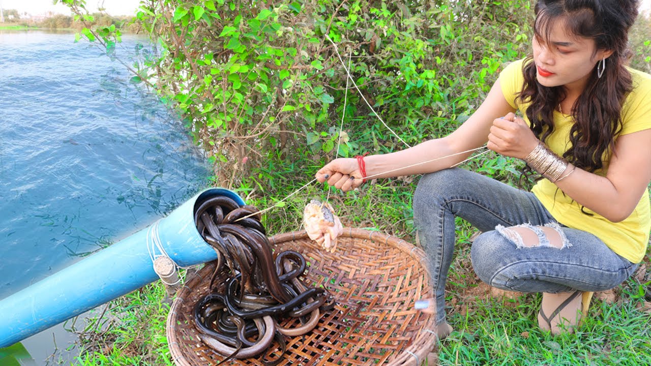 Smart Girl Make Easy Eel Trap Using Blue Pipe - Technology Eel Trap ...