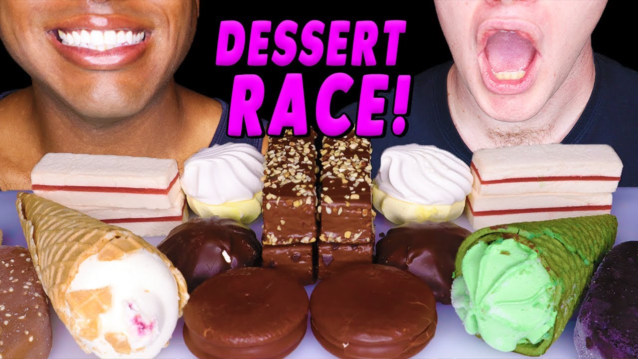 ASMR EUROPEAN DESSERT RACE! *CARAMEL COFFEE ICE CREAM, STRAWBERRY GREEN ...