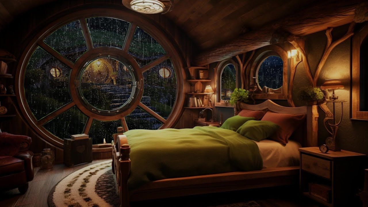 Cozy Hobbit Bedroom | Relaxing Sounds of Rain and Thunder | Sleep and ...
