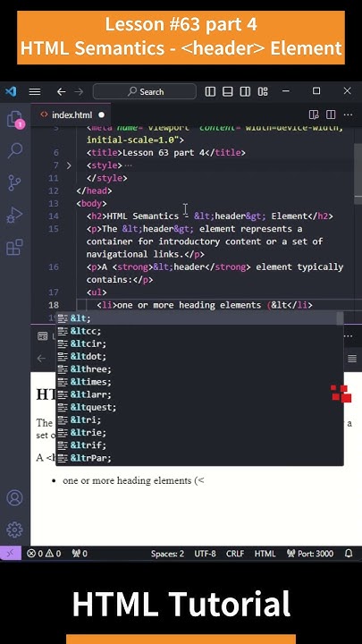 Html Tutorial Lesson 63 Html Semantics Header Element Part 4 Shorts Html Css