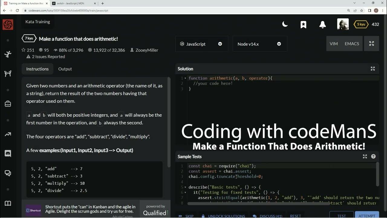 Codewars 7 kyu Make a Function That Does Arithmetic! JavaScript - YouTube