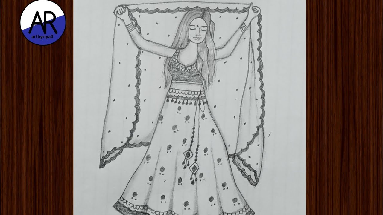 How to Draw Beautiful Girl _with lahanga || Front side Girl Drawing ...
