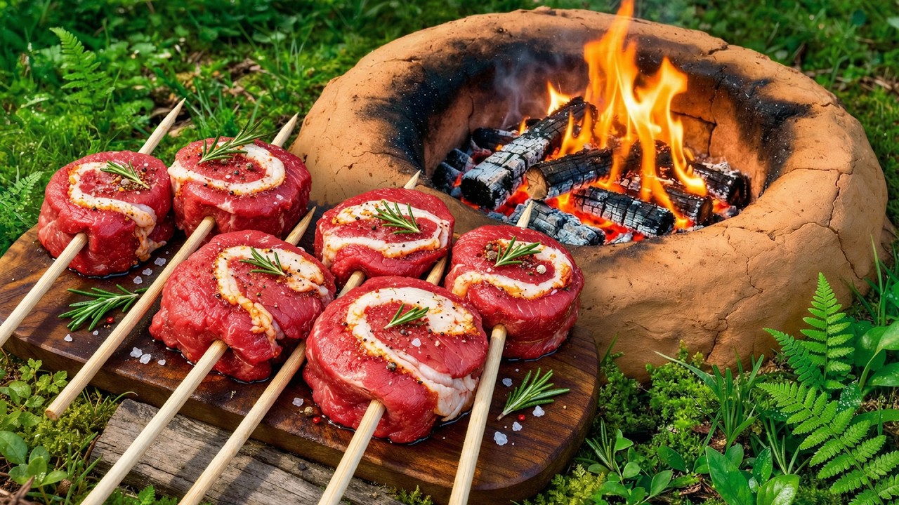 Beef Lollipop Steaks Cooked Over Fire | Bushcraft Cooking - YouTube