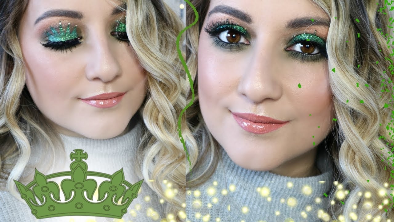 GREEN GLITTER CROWN EYE MAKEUP w/ GEMS | CHRISTMAS + CURLY HAIR ...