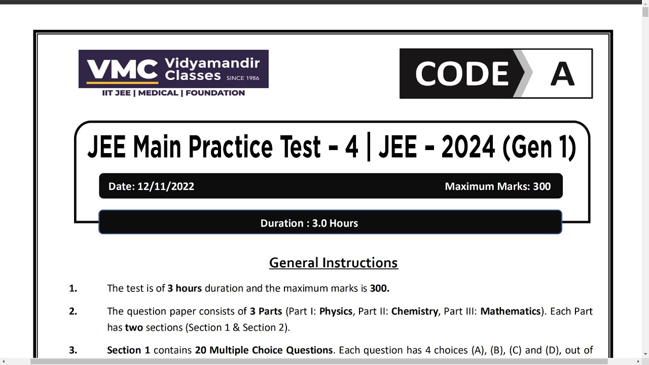 Vidyamandir Classes || Class-11th || JEE Mains Practice Test-4 ...