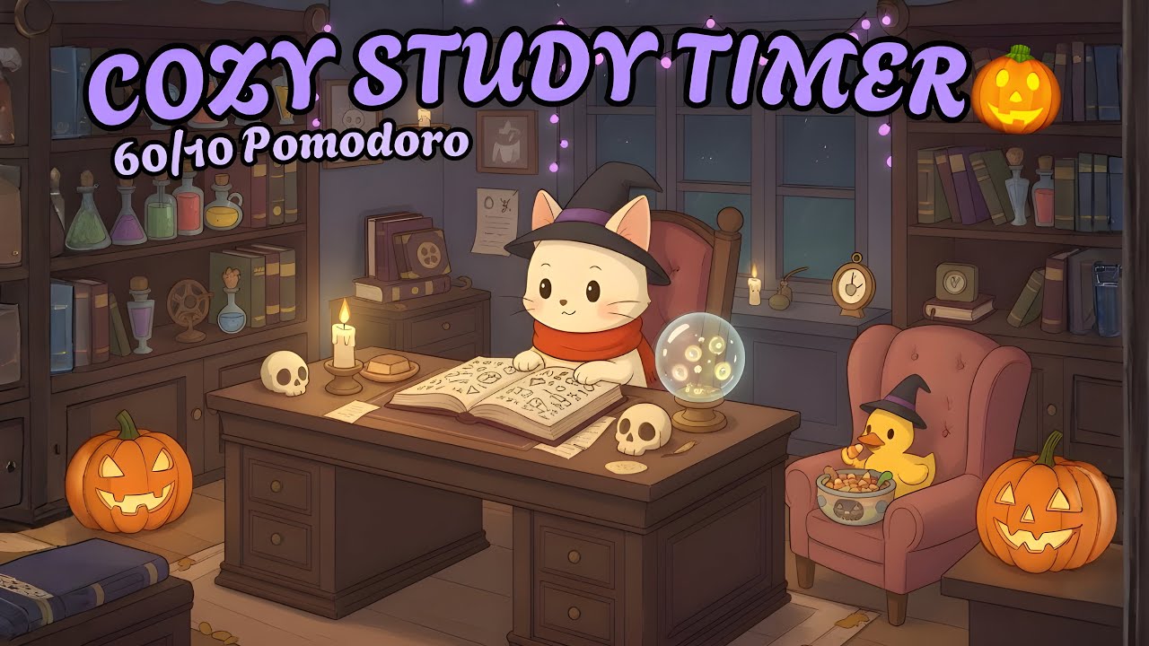 4-Hour Cozy Cat Study Timer 🎃 | 60-Min Focus + 10-Min Breaks | No Music ...