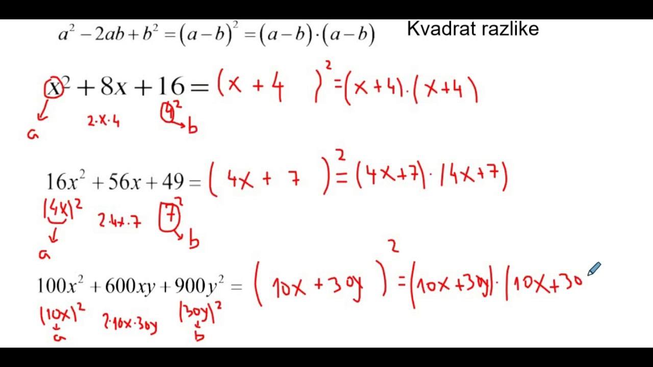 Rastavljanje na faktore - kvadrat binoma i razlika kvadrata - YouTube