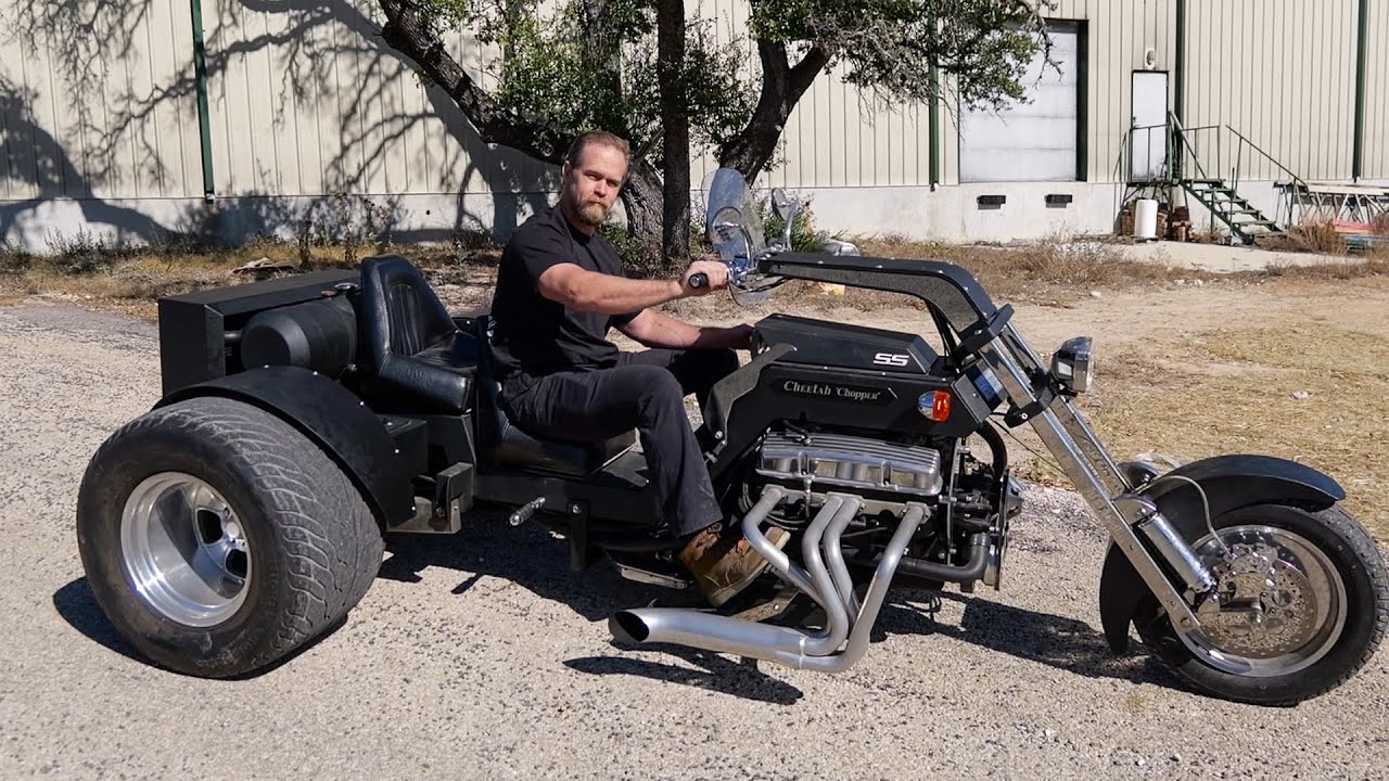 V8 Powered Cheetah Chopper Motorcycle Trike - YouTube