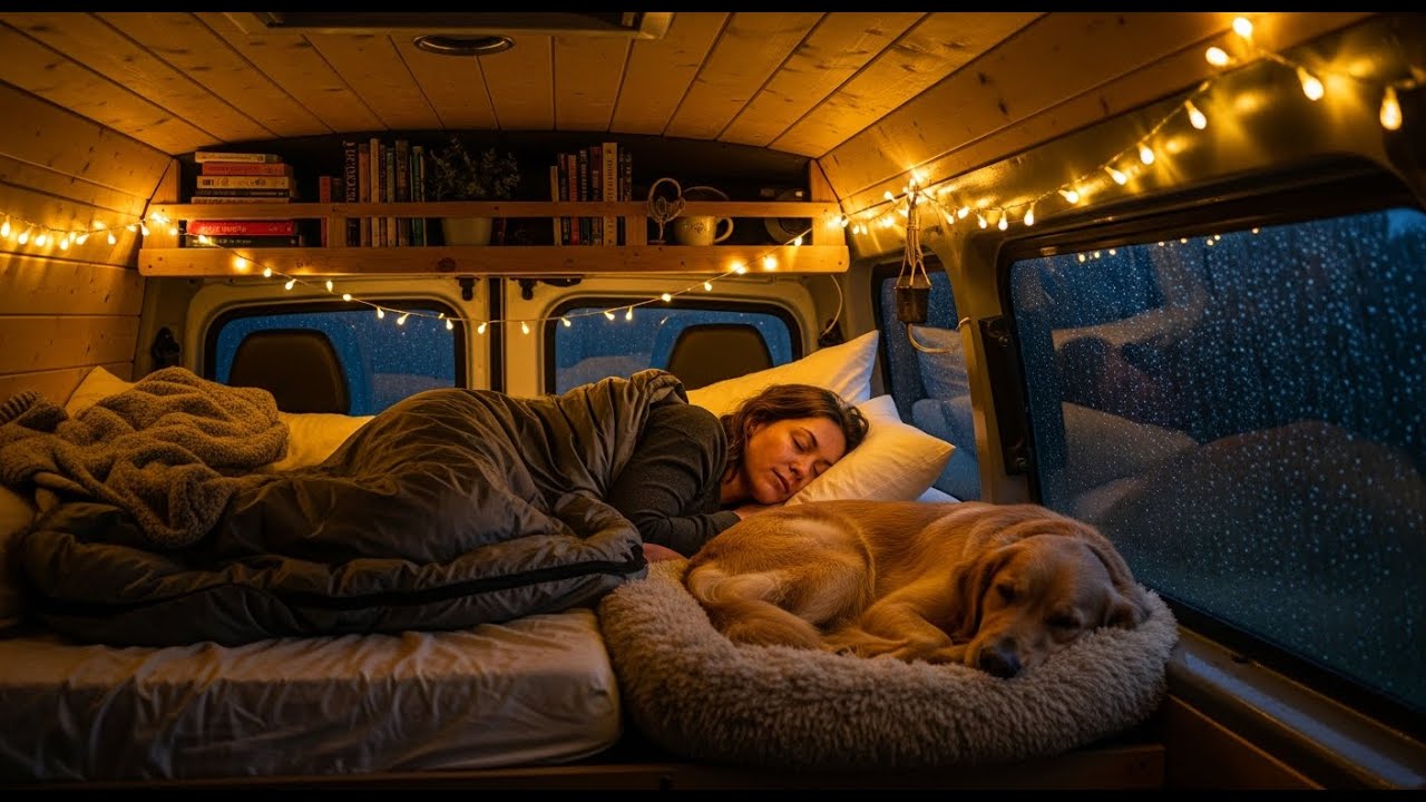 Sleeping in a Warm Van 🚐🛏️ | Soft Lights, Rainy Mood & Cozy Ambience 🌙🌧 ...