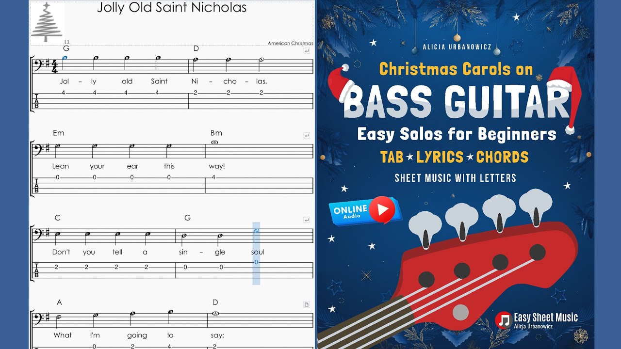 Christmas Carols On Bass Guitar I Easy Solos For Beginners Learn 50 Popular Songs I Sheet Music