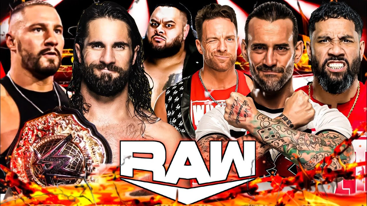 CM Punk Jey Uso LA Knight vs Seth Rollins Bronson Reed Bron Breakker Match Monday Night Raw ...